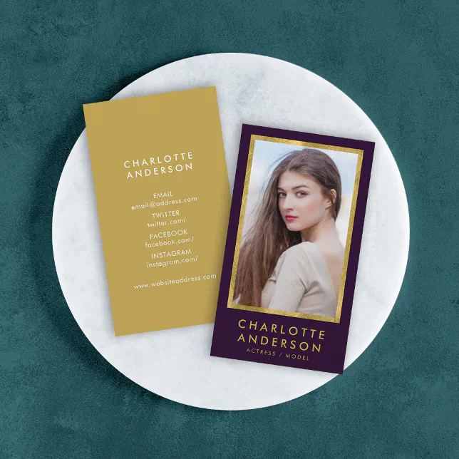 Classy Purple Faux Gold Headshot Photo Business Card | Zazzle