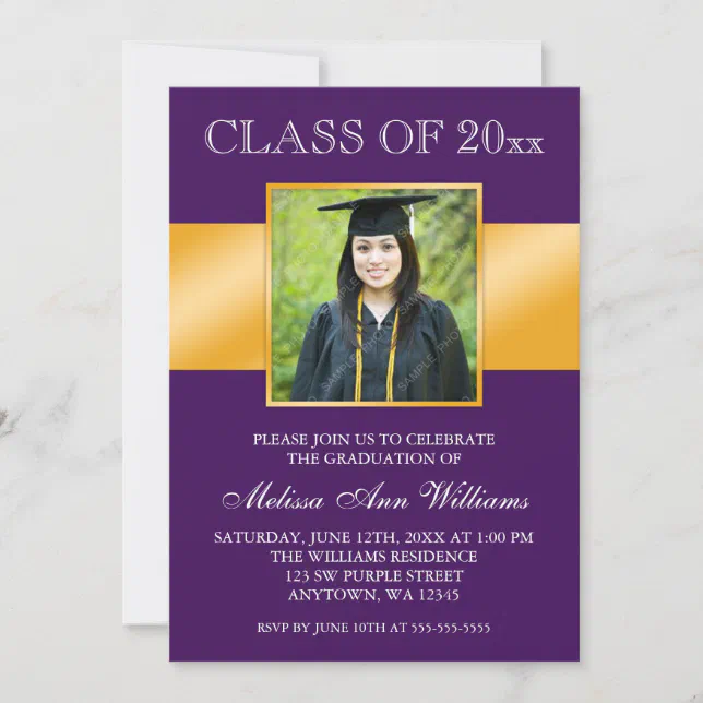 Classy Purple Gold Photo Graduation Announcement | Zazzle