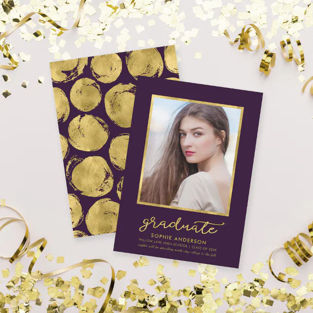 Classy Purple Gold Photo Graduation Announcement | Zazzle