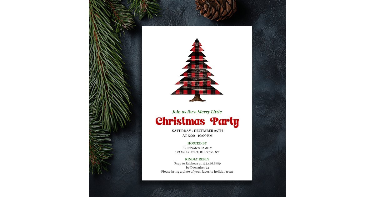 Classy Red Black Plaid Festive Editable Invite | Zazzle
