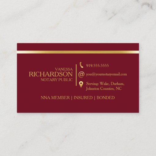 Classy Red & Gold Luxury Professional Notary Business Card | Zazzle
