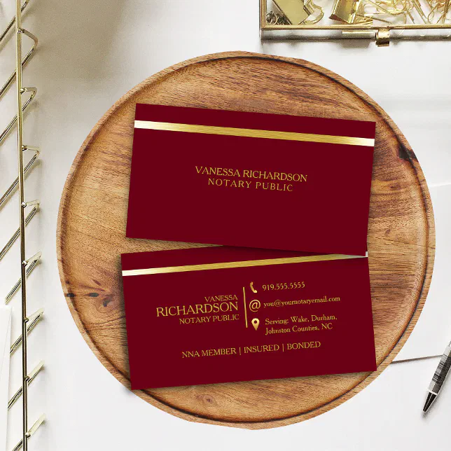 Classy Red & Gold Luxury Professional Notary Business Card | Zazzle