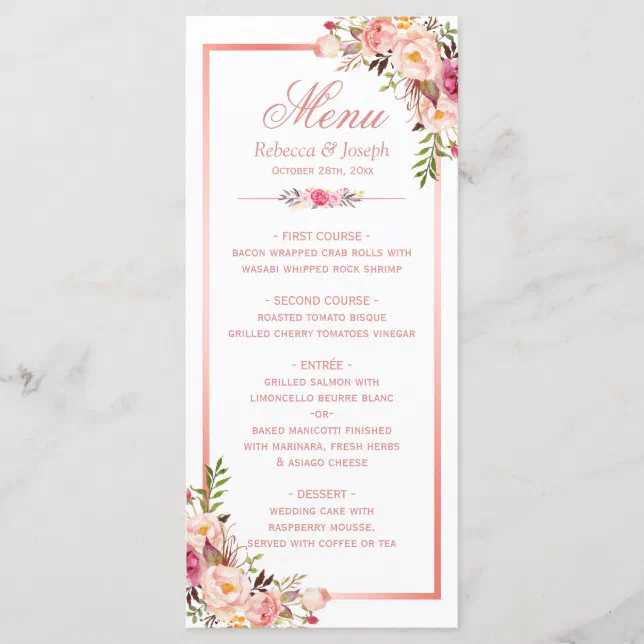 Classy Rose Gold Frame Floral Wedding Menu | Zazzle