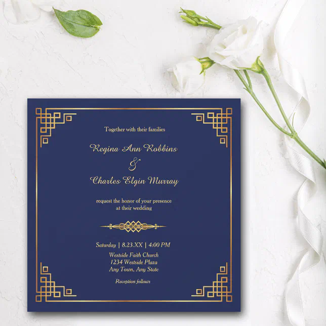 Classy Royal Blue Gold Frame Wedding Invitation | Zazzle