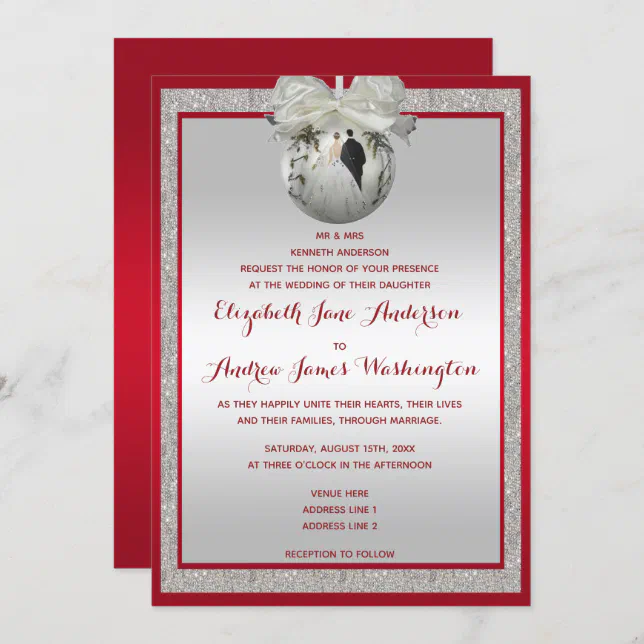 Classy Ruby Red & Sparkly Bauble Christmas Wedding Invitation | Zazzle