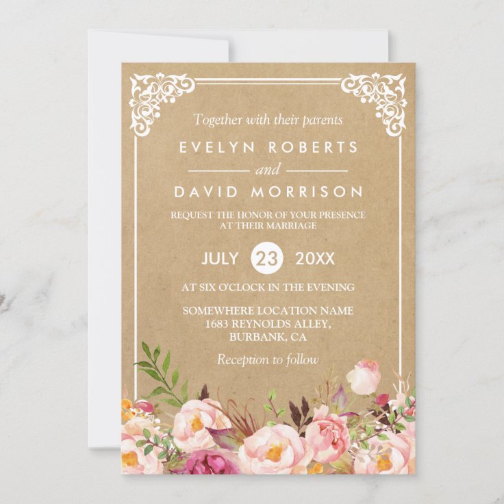Classy Rustic Floral Frame Kraft | Formal Wedding Invitation | Zazzle