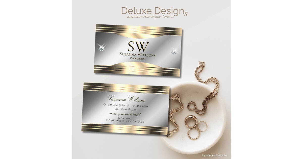 Classy Silver and Gold Shiny Diamonds and Monogram Business Card | Zazzle