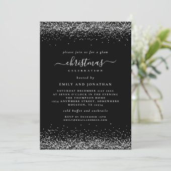 Classy Silver Glitter Black Christmas Party Invitation | Zazzle