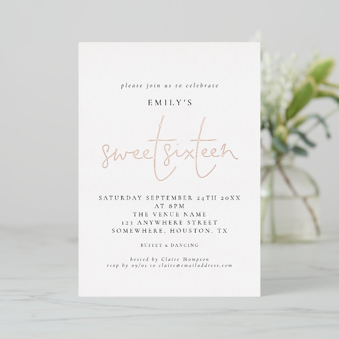 Classy Sweet Sixteen Birthday Party Script Real Foil Invitation | Zazzle