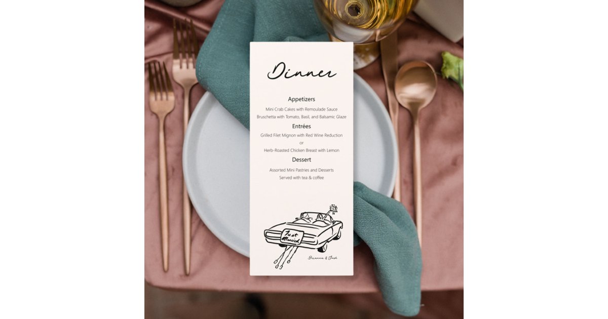 Classy Wedding menu with just married drawing | Zazzle