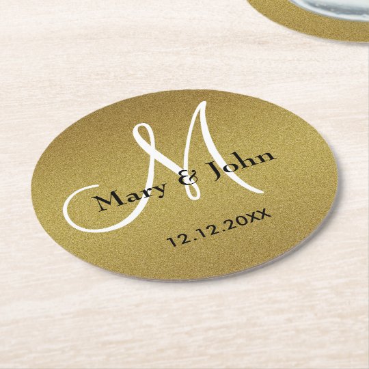 Classy Wedding Monogram Glitter Gold Round Paper Coaster | Zazzle.com