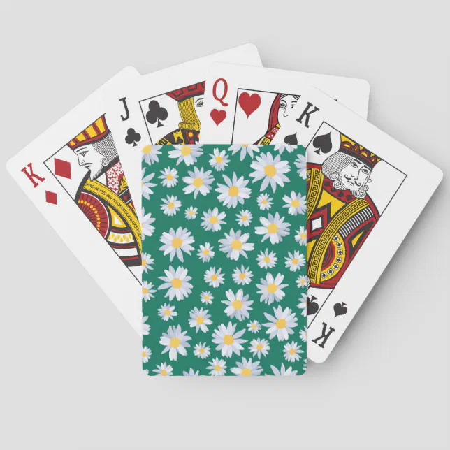 Classy White Daisy Flowers Botanical Green design Poker Cards | Zazzle