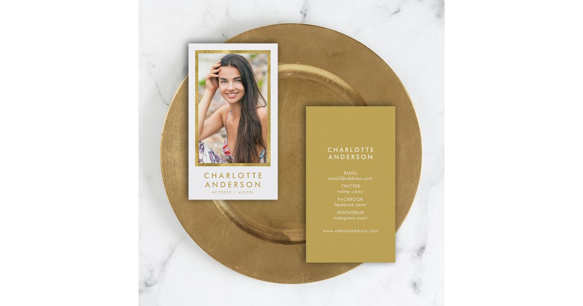 Classy White Faux Gold Headshot Photo Business Card | Zazzle