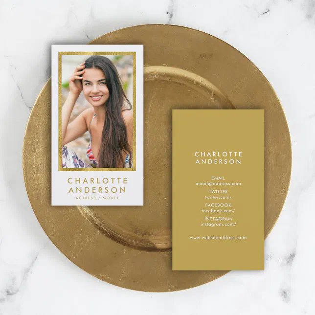 Classy White Faux Gold Headshot Photo Business Card | Zazzle