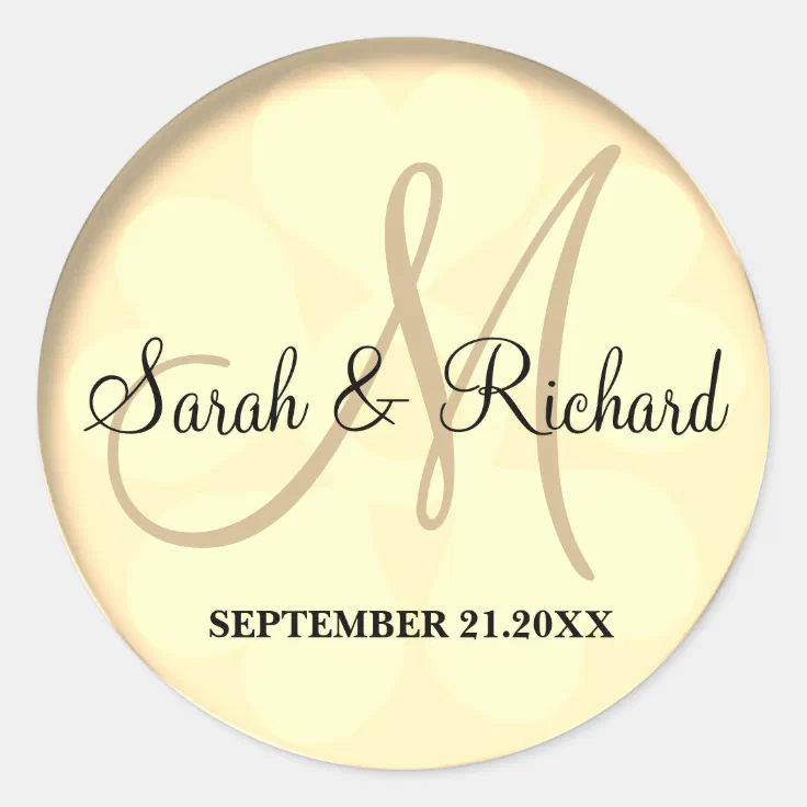 Classy Yellow Gold Wedding Monogram Classic Round Sticker | Zazzle