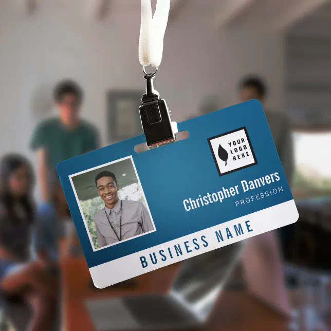 Clean Blue White Add Your Logo Office Employee Badge | Zazzle