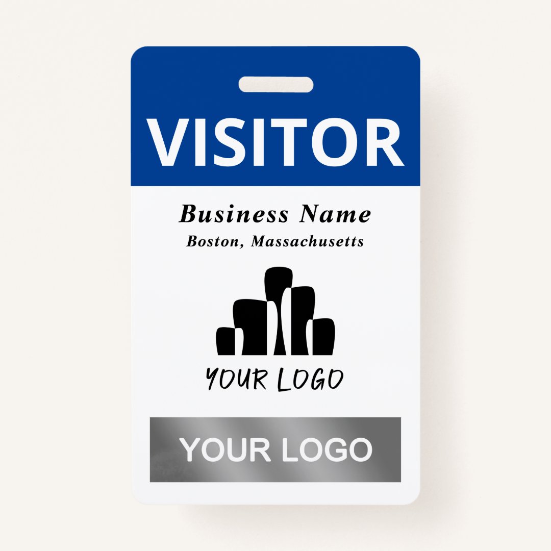 Clean Blue White Visitor 2 Logos Template Badge | Zazzle
