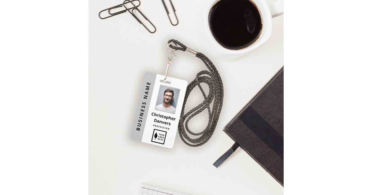 Clean Gray White Add Your Logo Office Employee Badge | Zazzle