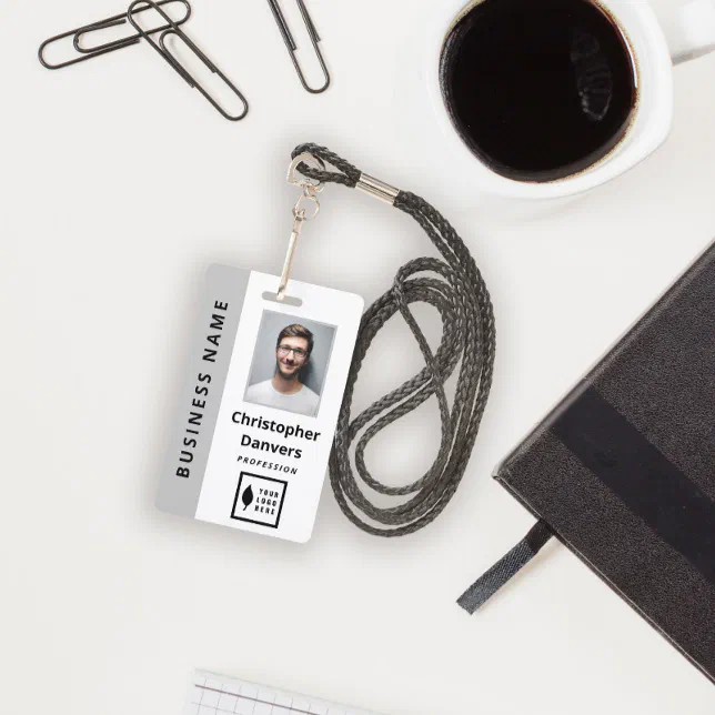 Clean Gray White Add Your Logo Office Employee Badge | Zazzle