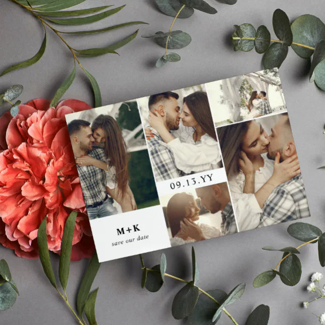 Clean Modern Initials & Photos Save the Date | Zazzle