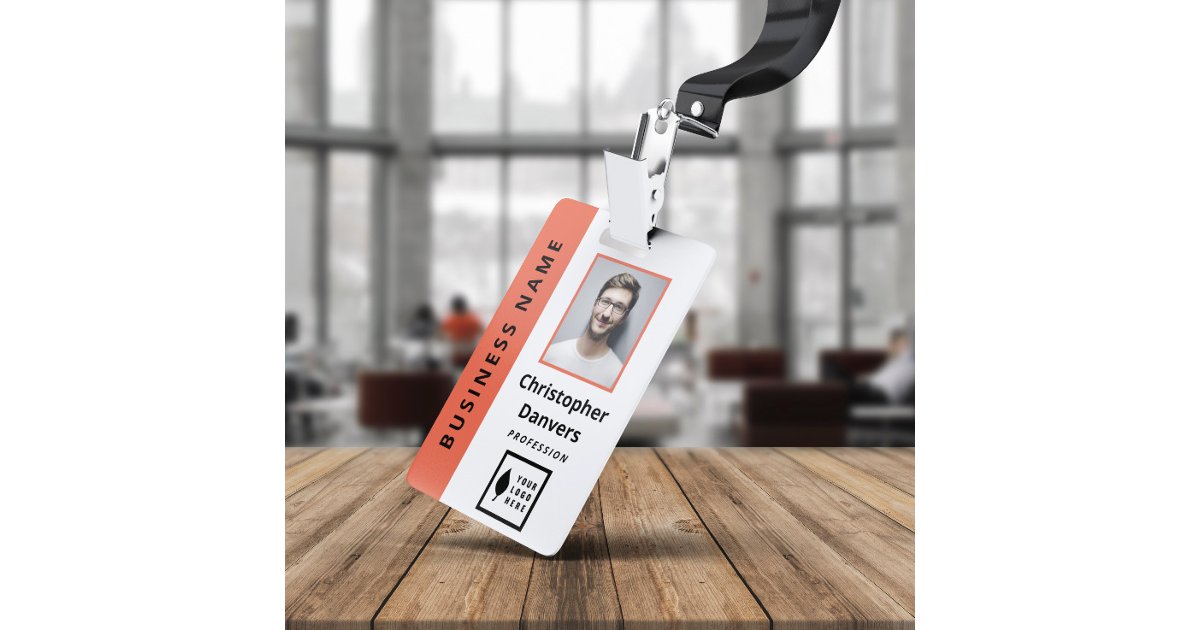 Clean Orange White Add Your Logo Office Employee Badge | Zazzle
