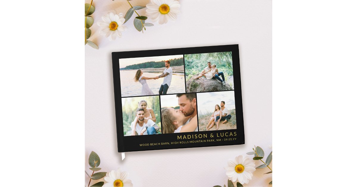 Clean Photo Collage & Gold Letters Black Wedding Foil Guest Book | Zazzle