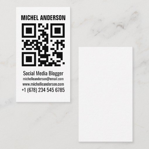 Clean simple white vertical qr code business card | Zazzle