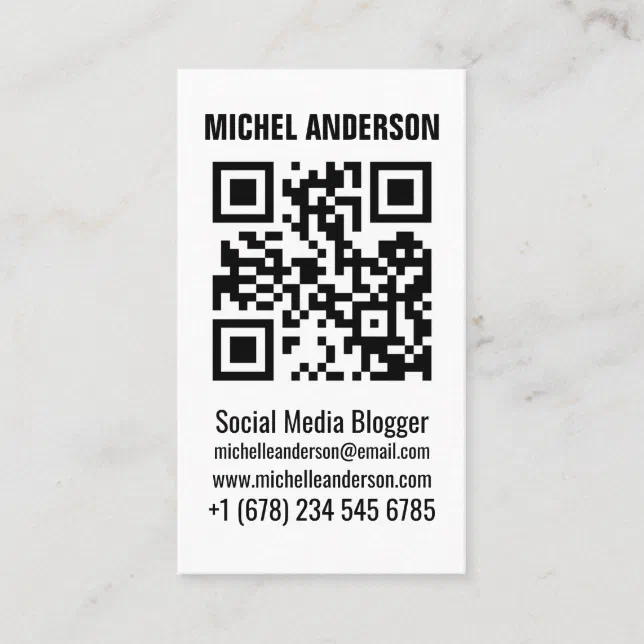 Clean simple white vertical qr code business card | Zazzle
