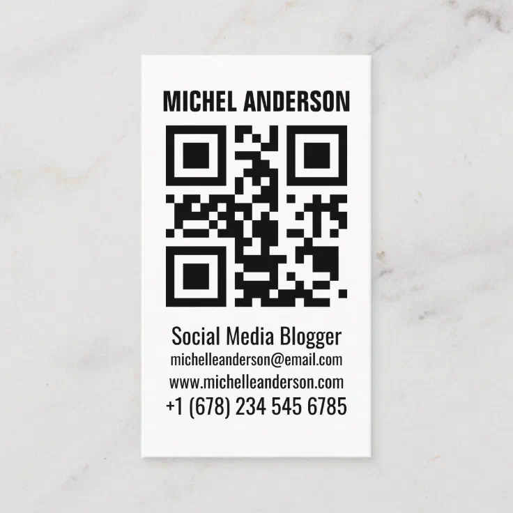 Clean simple white vertical qr code business card | Zazzle