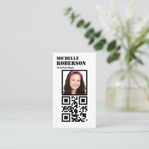 Clean vertical white qr code and photo business card | Zazzle