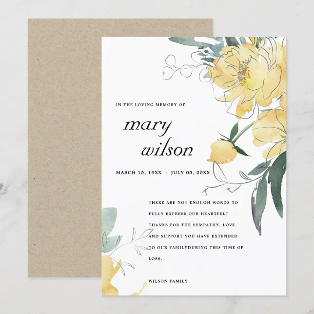 CLEAN YELLOW GREEN FLORAL SYMPATHY MEMORIAL THANK YOU CARD | Zazzle