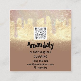Cleaning House Service QR Code Drips Gold Laundry Square Business Card ...