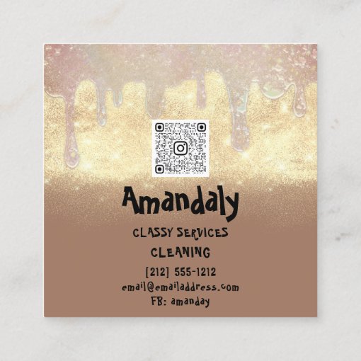 Cleaning House Service QR Code Drips Gold Laundry Square Business Card ...