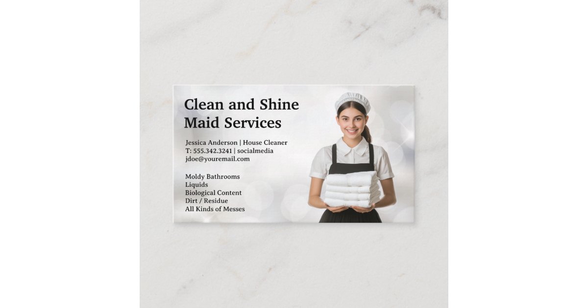 Cleaning Maid Holding Towels Business Card | Zazzle