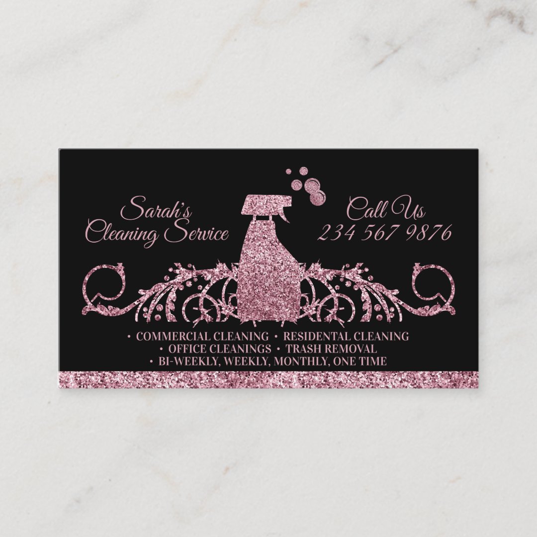Cleaning Maid Janitorial sparkling pink Black Business Card | Zazzle