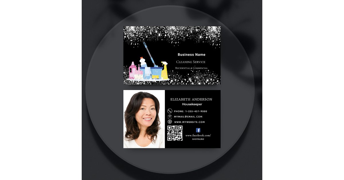 Cleaning service black glitter dust QR code photo Business Card | Zazzle
