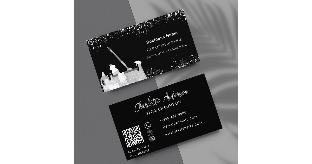 Cleaning service black silver glitter dust QR code Business Card | Zazzle