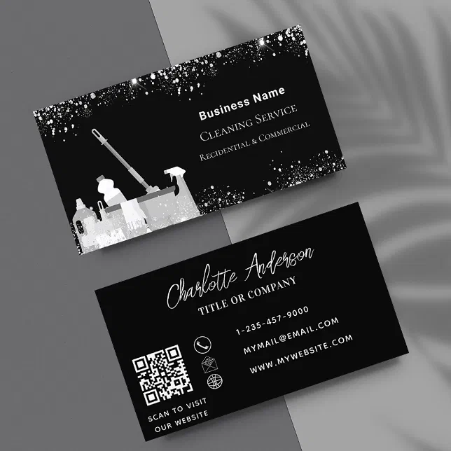 Cleaning service black silver glitter dust QR code Business Card | Zazzle