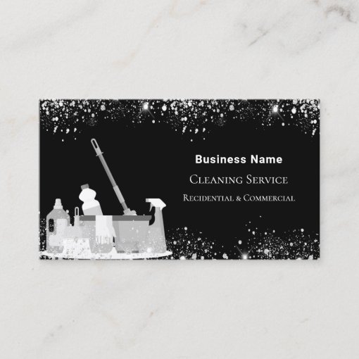 Cleaning service black silver glitter dust QR code Business Card | Zazzle