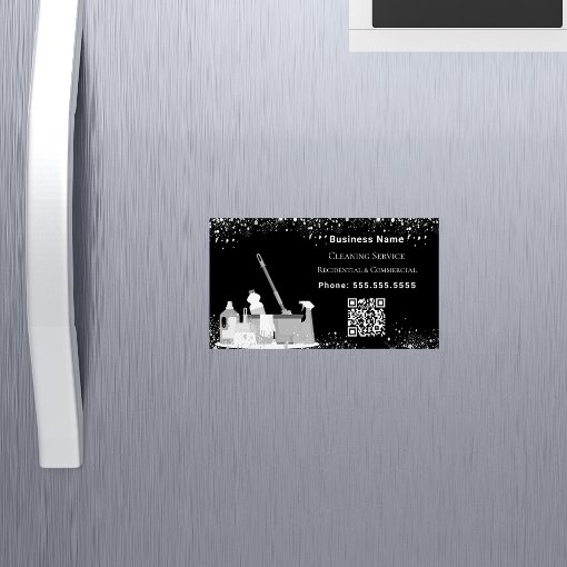 Cleaning service black silver glitter dust QR code Business Card Magnet ...