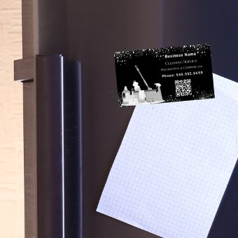 Cleaning service black silver glitter dust QR code Business Card Magnet ...
