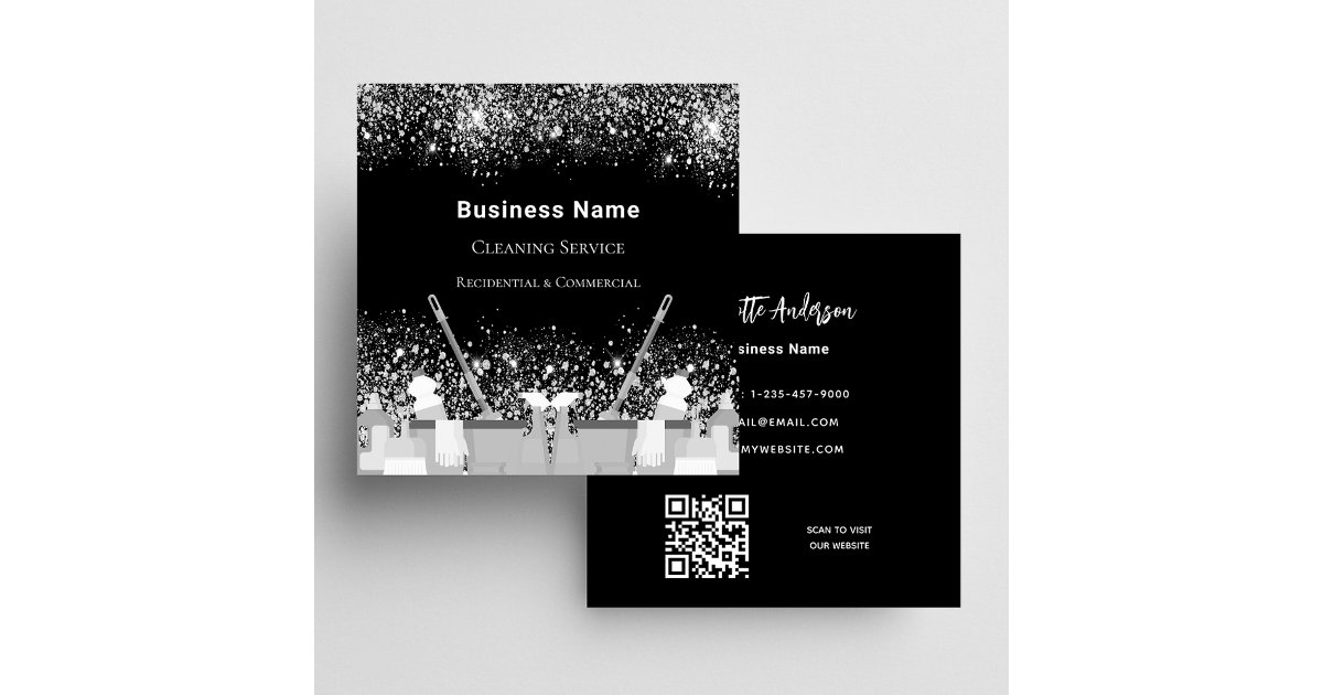 Cleaning service black silver glitter dust QR code Square Business Card ...