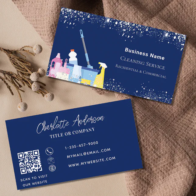 Cleaning service blue silver glitter dust QR code Business Card | Zazzle