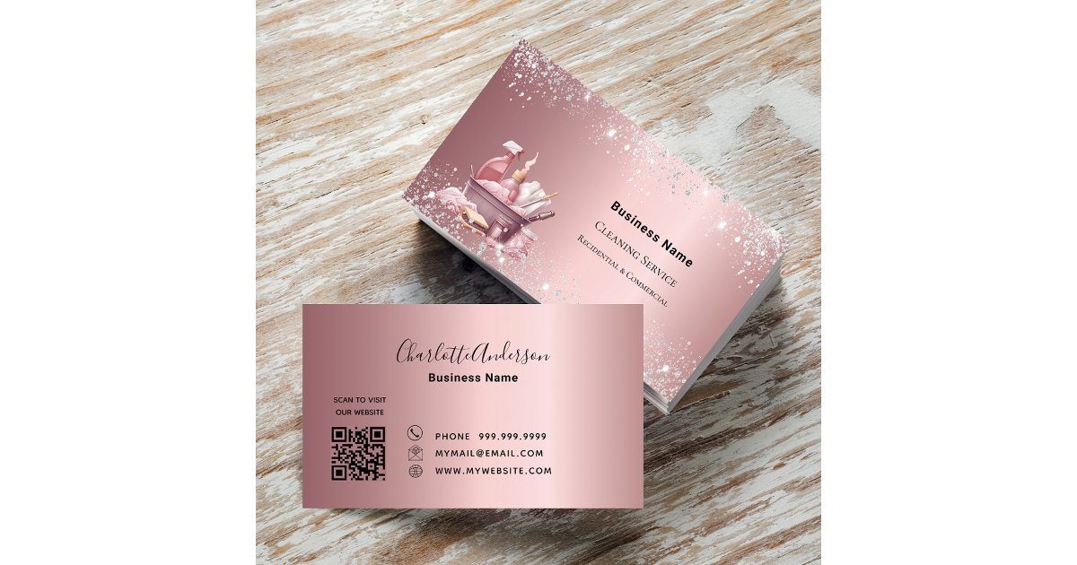 Cleaning service dusty pink silver sparkle QR code Business Card | Zazzle