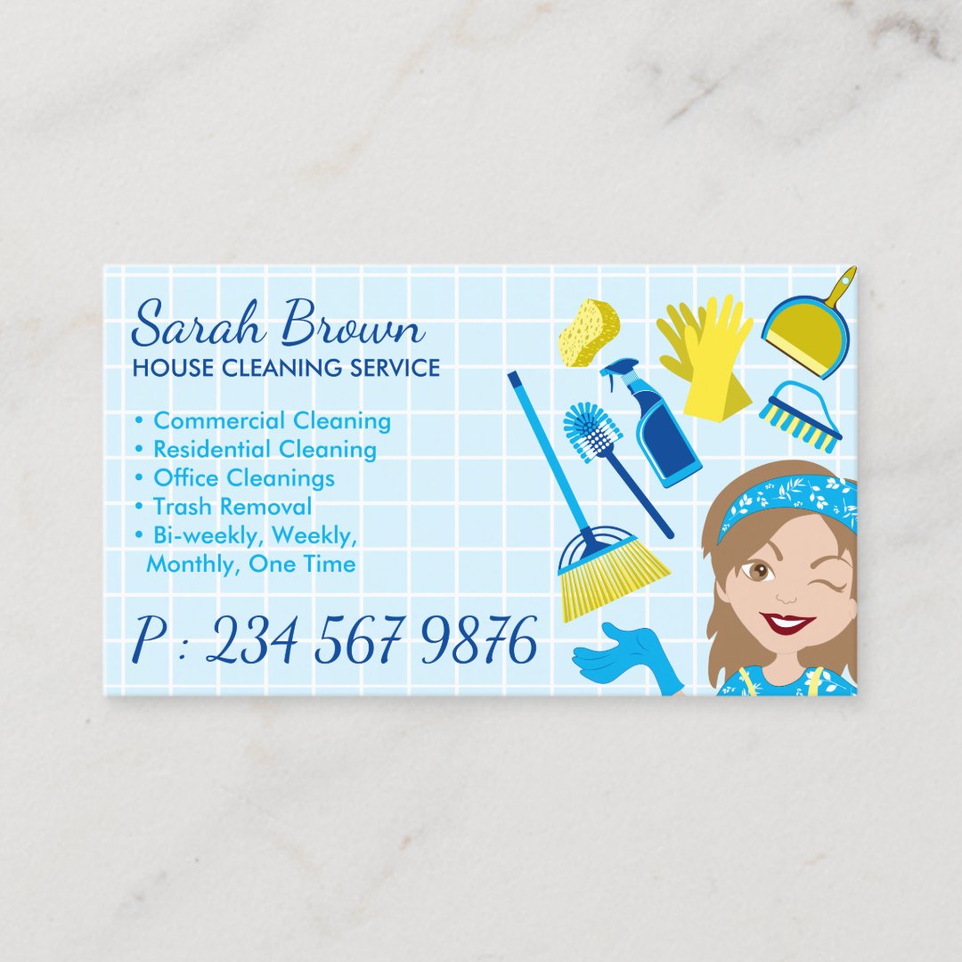 Cleaning Service Janitorial Lady Brown haired Business Card | Zazzle