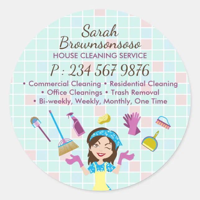 Cleaning Service Janitorial Maid Girl Worker Classic Round Sticker | Zazzle
