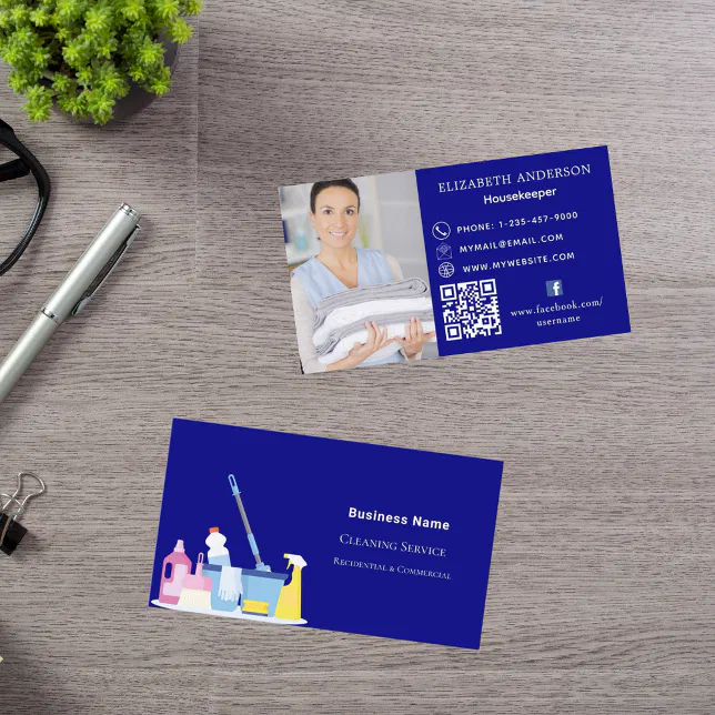 Cleaning service navy blue photo QR code Business Card | Zazzle