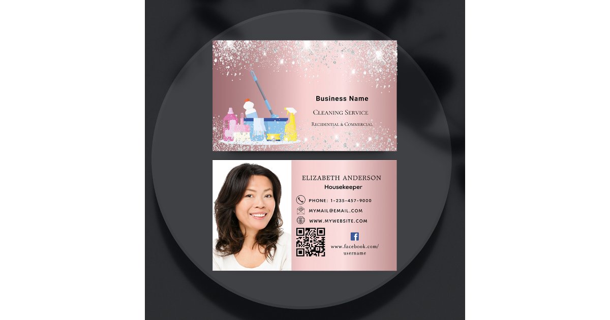 Cleaning service pink glitter dust QR code photo Business Card | Zazzle
