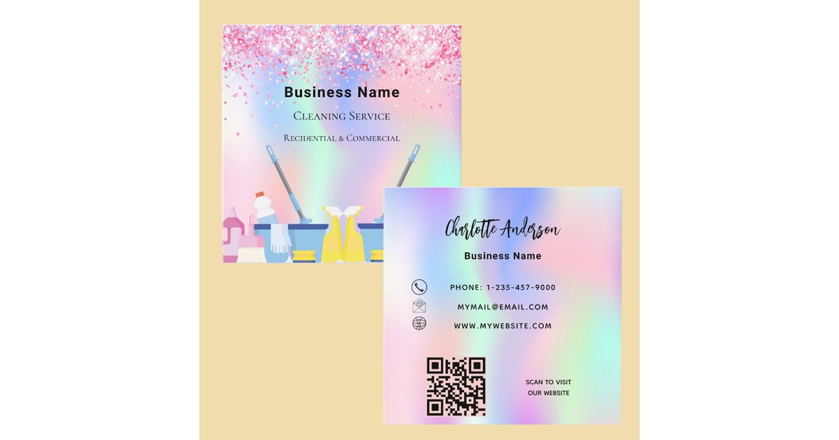 Cleaning service pink holographic dust QR code Square Business Card ...