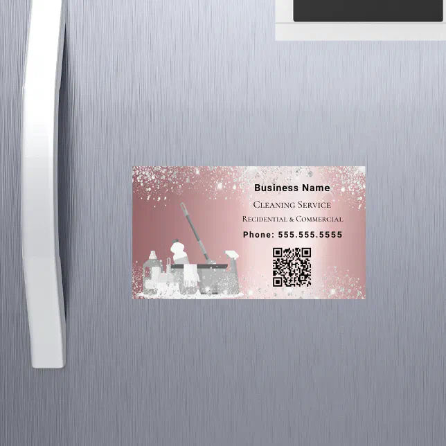 Cleaning service pink silver glitter dust QR code Business Card Magnet ...